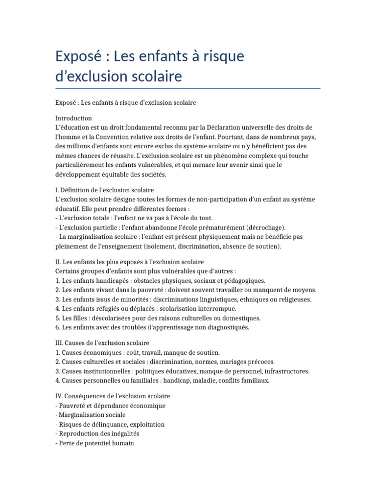 Enfants à risque d'exclusion scolaire | PDF | Exclusion sociale ...