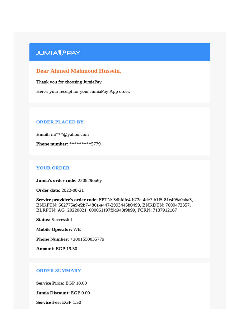 JumiaPay Order Receipt - EGP 19.50 | PDF