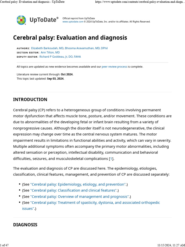 Cerebral Palsy - Evaluation and Diagnosis - UpToDate | PDF | Cerebral ...