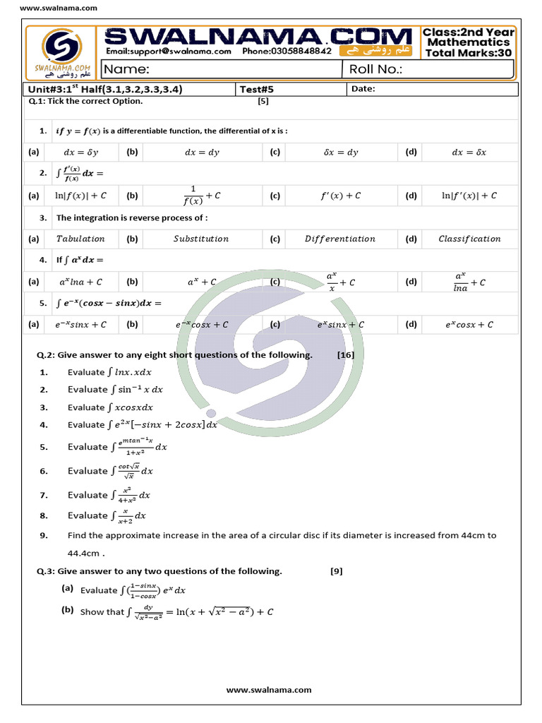 T5 2nd Year Chapter Wise Test Math Chapter 3 (1st Half) | PDF