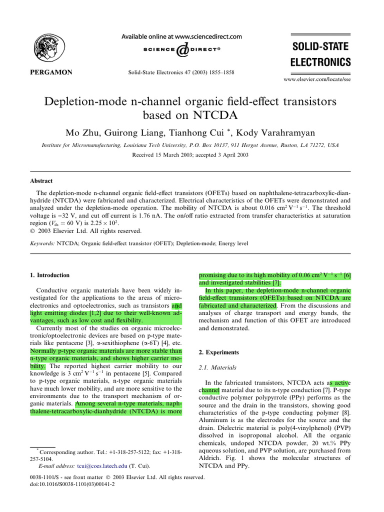 Depletion-Mode N-Channel Organic Field-Effect Transistors | PDF | Field Effect Transistor | Mosfet