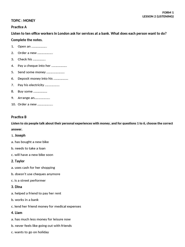 MONEY - LISTENING FORM 1 NTB LESSON | PDF