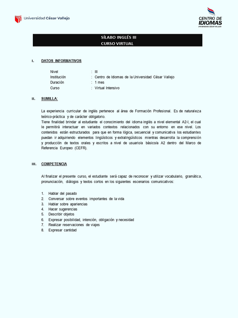 Sílabo Ingles 3 (2v) | PDF | Aprendizaje | Lingüística