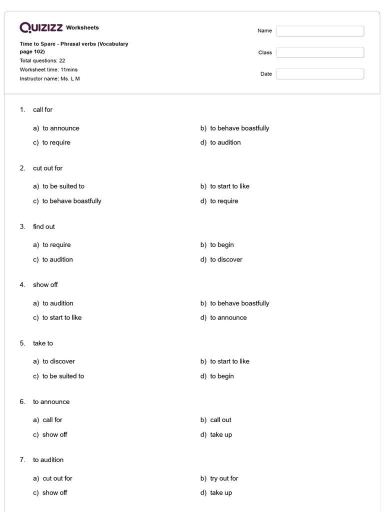 Time to Spare - Phrasal verbs (Vocabulary page 102) _ Quizizz | PDF ...