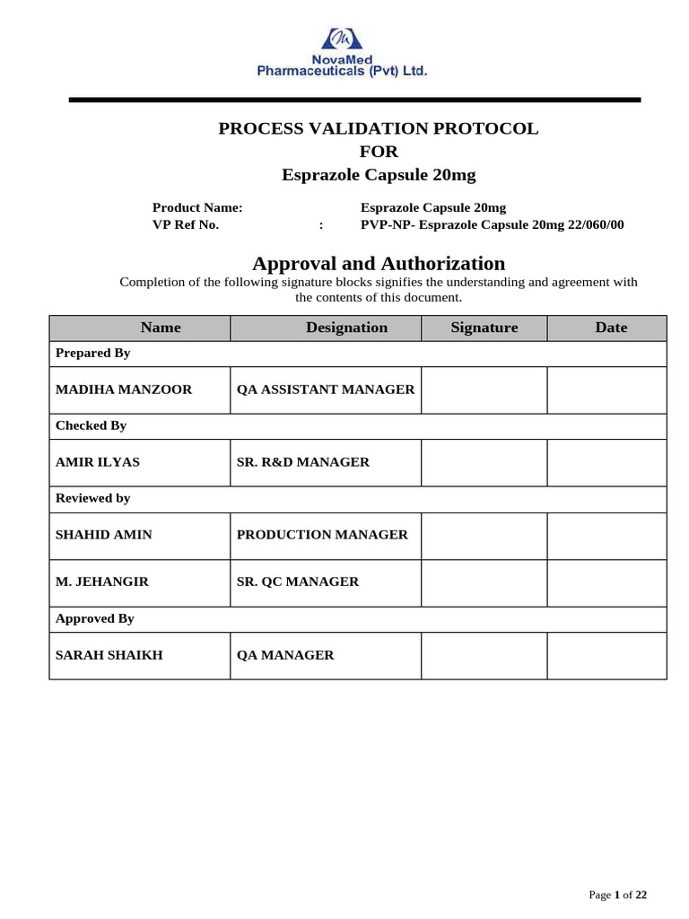 60 2022 Process Validation Protocol of Esomperazol Capsule 20mg | PDF | Quality Assurance ...