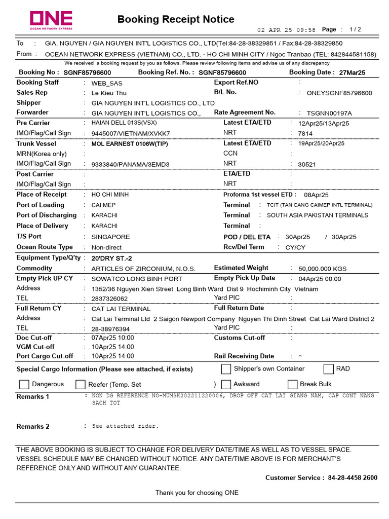 Booking No. SGNF85796600 | PDF | Bill Of Lading | Cargo