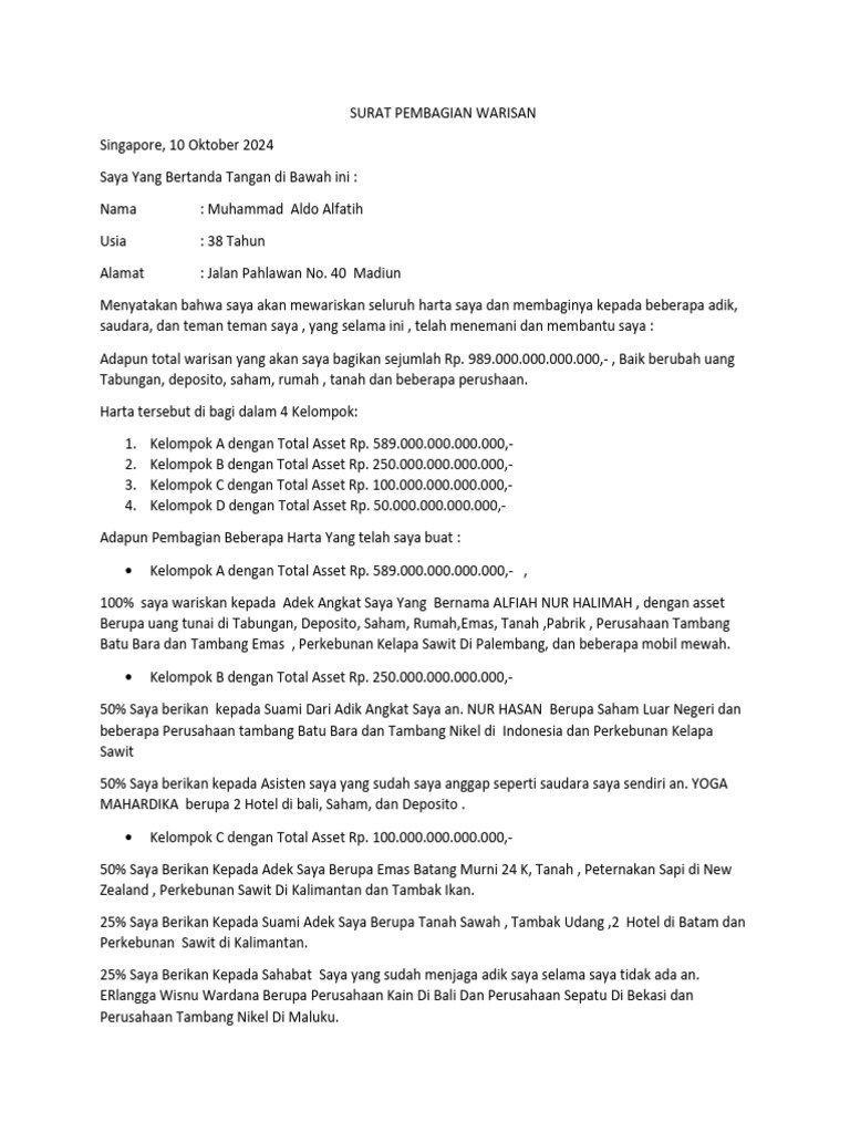 SURAT PEMBAGIAN WARISAN | PDF