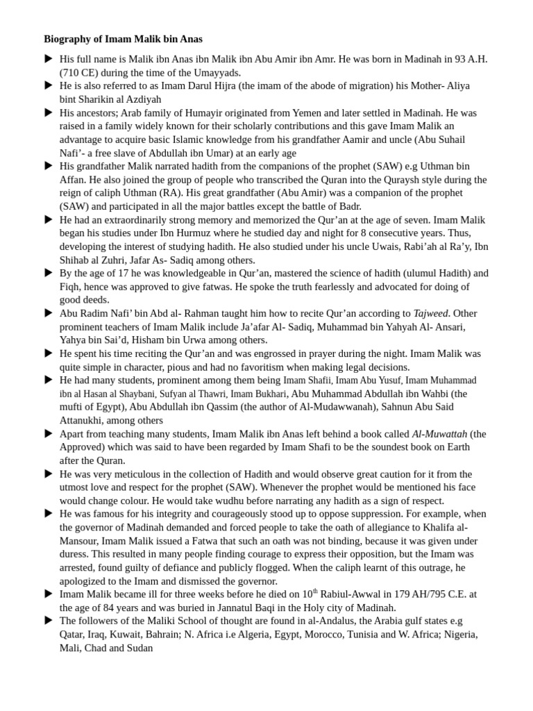 Biography of Imam Malik Bin Anas | PDF | Jurisprudence | Islamic Branches