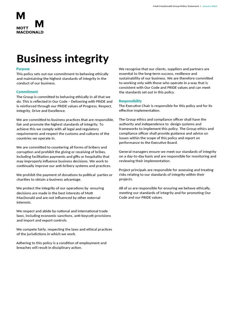 Mott MacDonald Business Integrity Policy | PDF | Bribery | Integrity