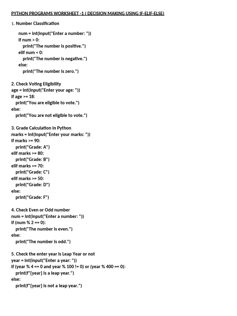 Python Programs Worksheet | PDF