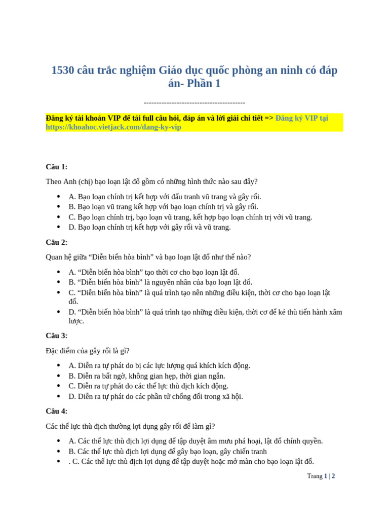 1530 Cau Trac Nghiem Giao Duc Quoc Phong An Ninh Co Dap An Phan 1 2025-04-16 | PDF