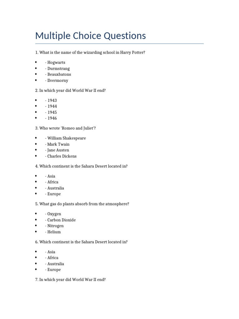 Multiple Choice Questions Pdf