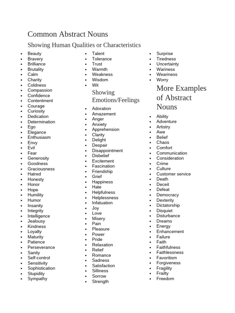 NOUNS Common Abstract Nouns | PDF | Courage | Emotions
