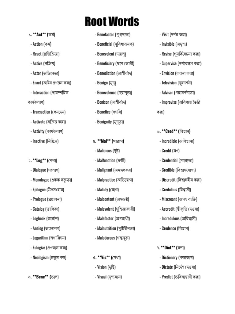 English Root Words with bangla meaning | PDF