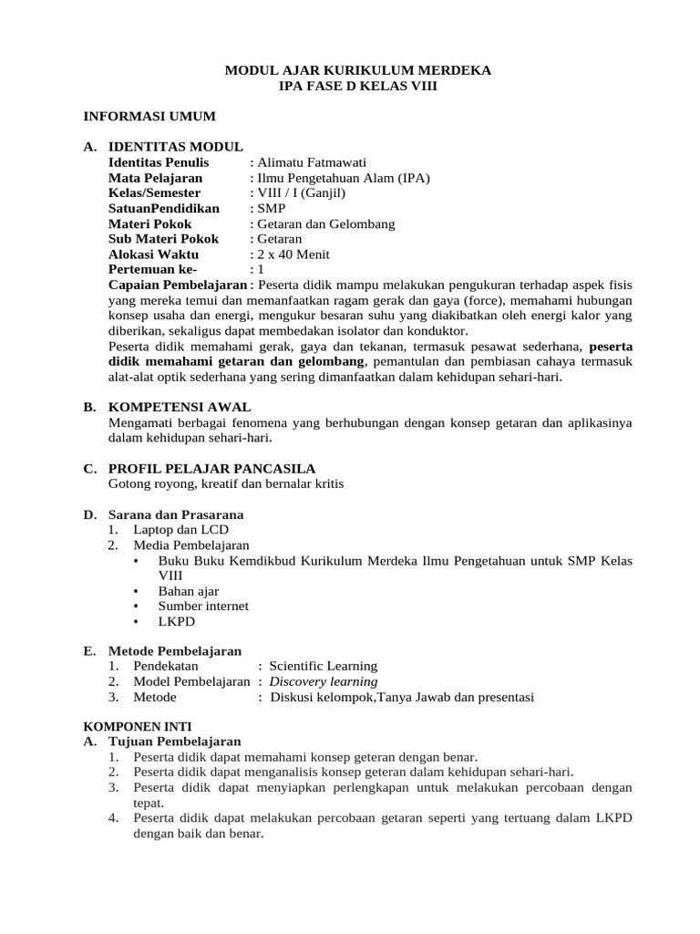 Modul Ajar IPA: Getaran Kelas VIII | PDF