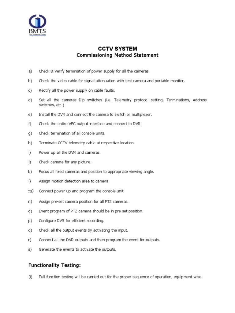 CCTV Commissioning Method Statement | PDF | Digital Video Recorder | Closed Circuit Television