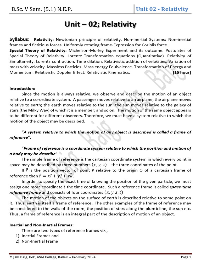 V Sem Phyics Paper 5.1 Unit 2 NEPNew | PDF | Special Relativity | Luminiferous Aether