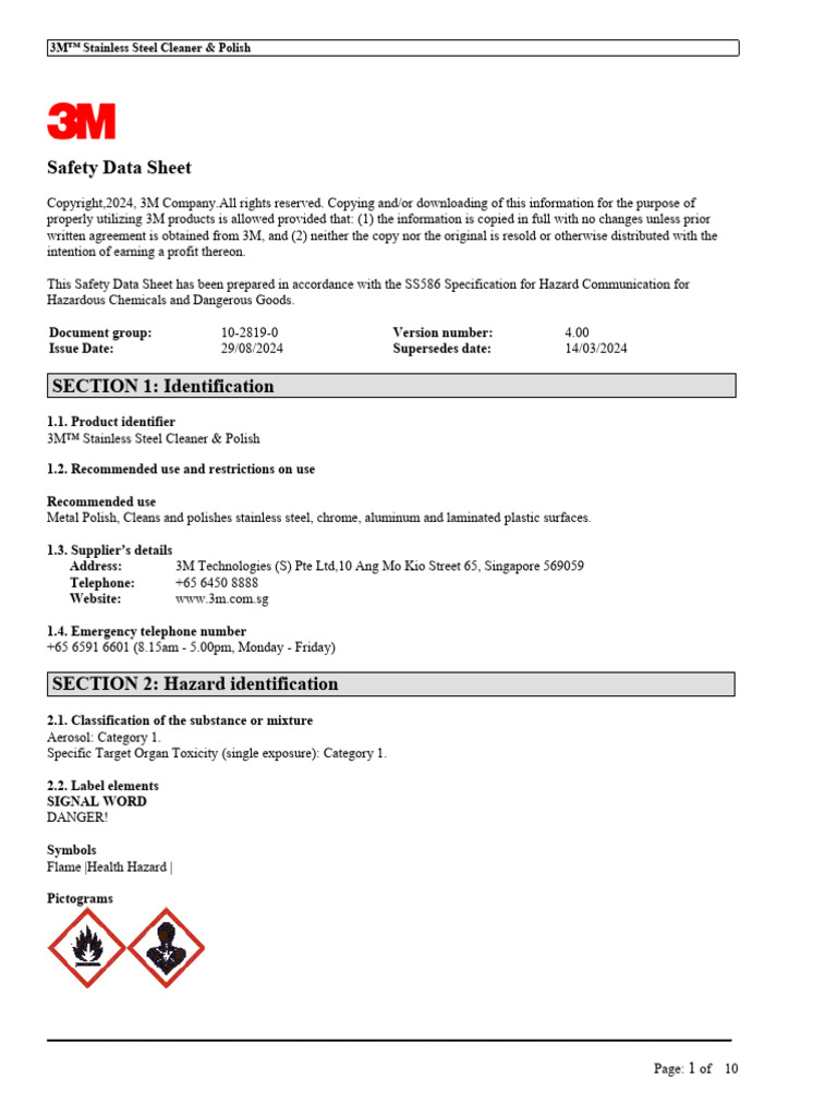 3M Stainless Steel Cleaner & Polish - SDS | PDF | Toxicity | Dangerous ...