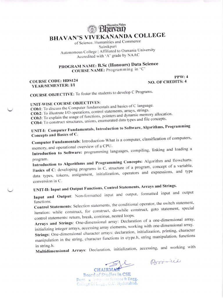 Hds 1st Sem C Lang Syllabus Pdf Pointer Computer Programming Mathematics