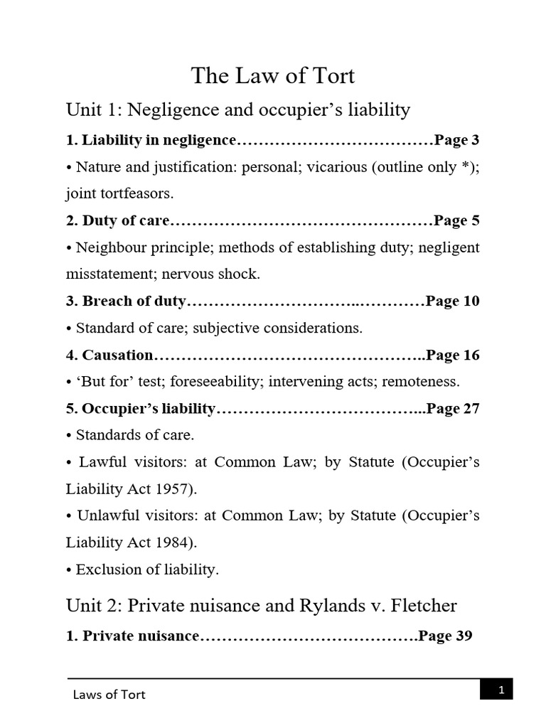 Tort Law Notes - Structured | PDF | Negligence | Causation (Law)