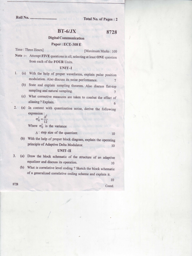 Digital Communication Exam Paper ECE-308 | PDF | Telecommunications ...