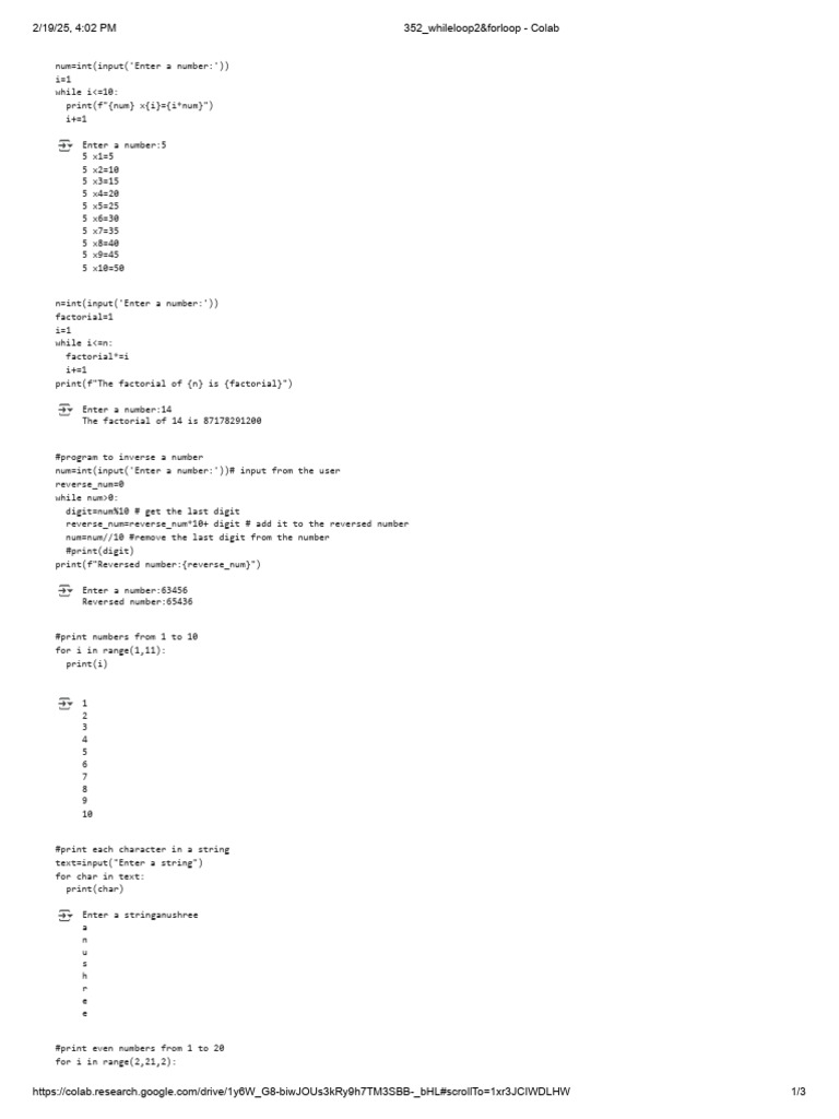 352 - Whileloop2&forloop - Colab | PDF | Computer Programming