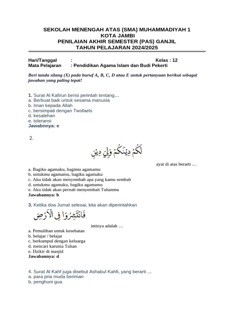 Soal Pas Agama KLS 12 Genap 2025 | PDF