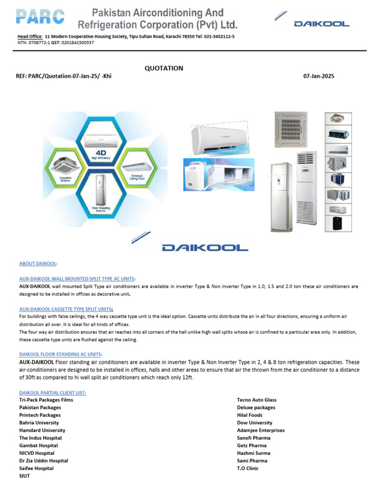 Price List For The Supply of Daikool Brand Single Split Type Decorative AC Units | PDF | Air ...
