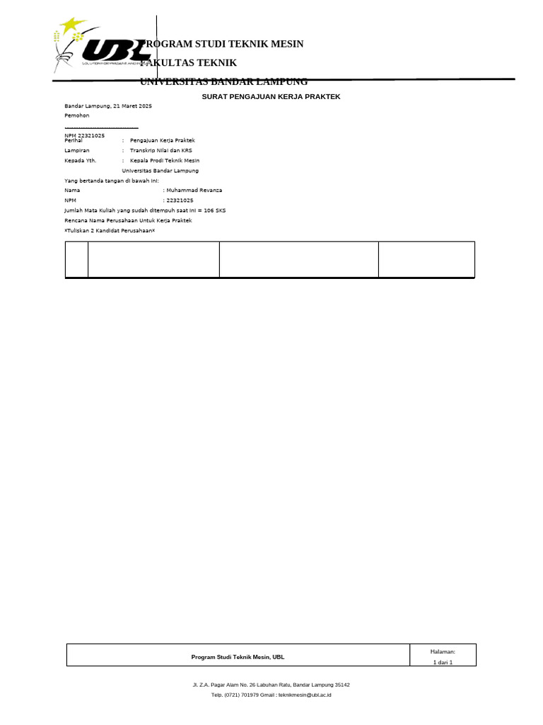 Surat Pengajuan KP-TM-UBL Revanza | PDF