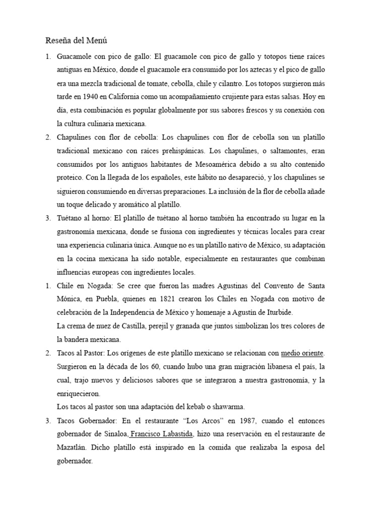 Reseña Del Menú | PDF | Cocina mexicana | México