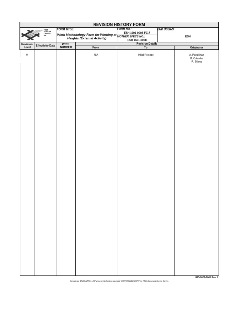 PROTECH ESH 1601-0008-F017 Work Methodology Form For Working at Heights ...