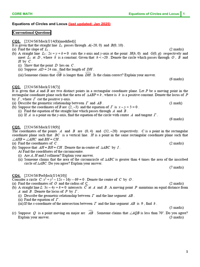 Equations of Circles and Locus Analysis | PDF | Circle | Cartesian ...