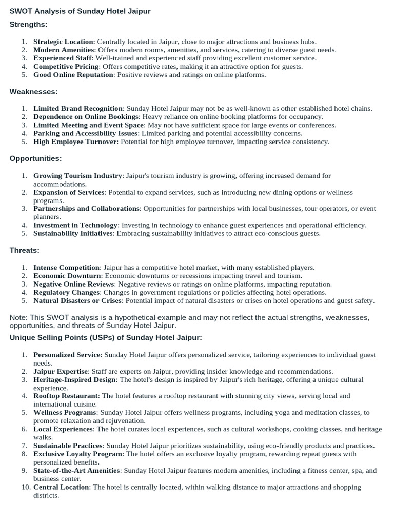 SWOT Analysis of Sunday Hotel and USP | PDF | Hotel | Recession