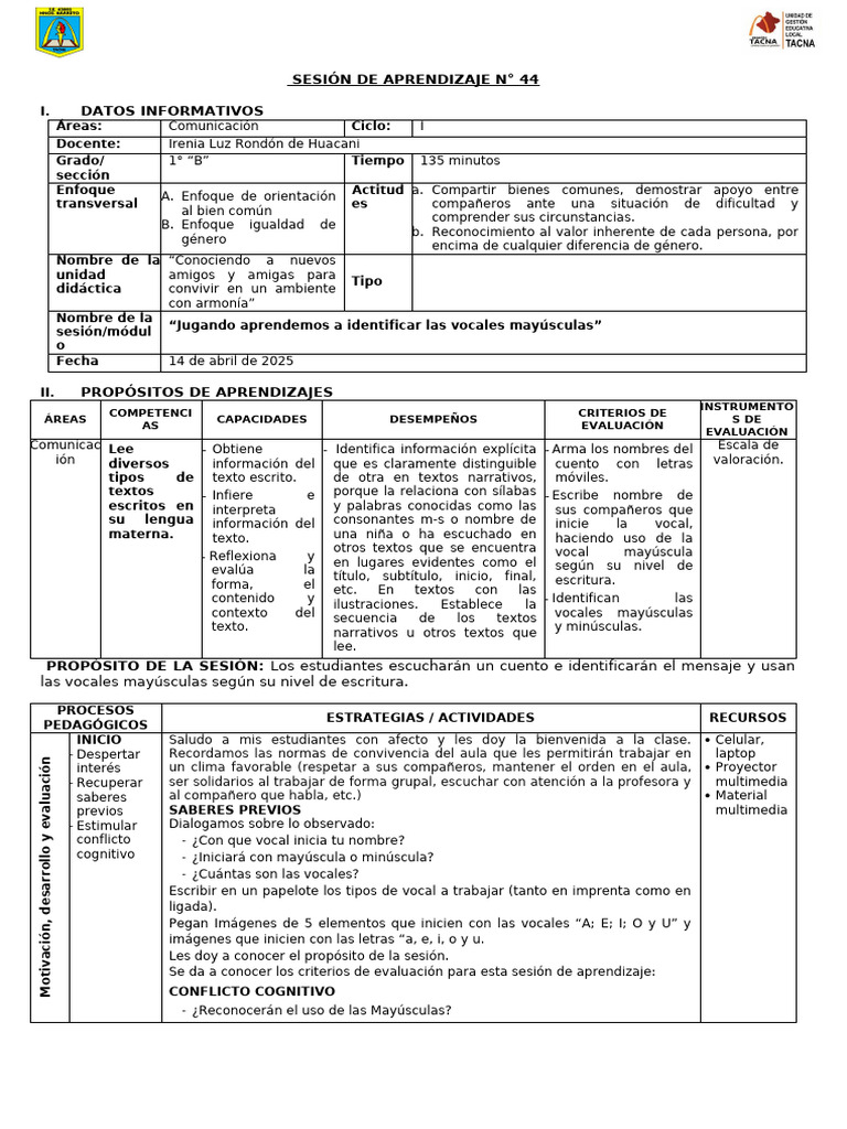 1° B - Comu - Sesión de aprendizaje N. 44 | PDF | Evaluación | Aprendizaje
