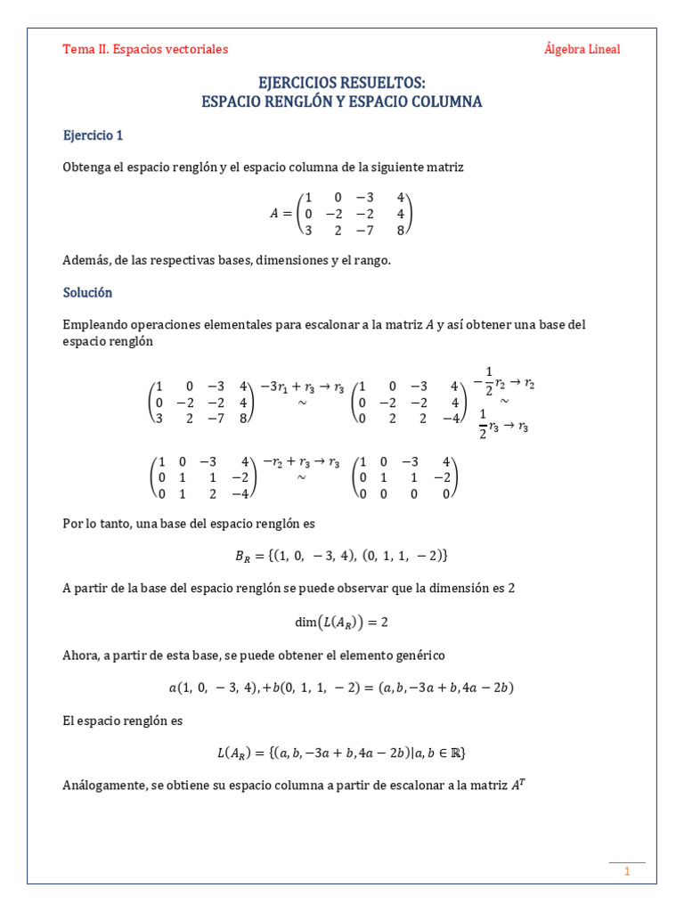 Ejercicios Resueltos de Espacio Renglón y Espacio Columna | PDF | Base (álgebra lineal ...