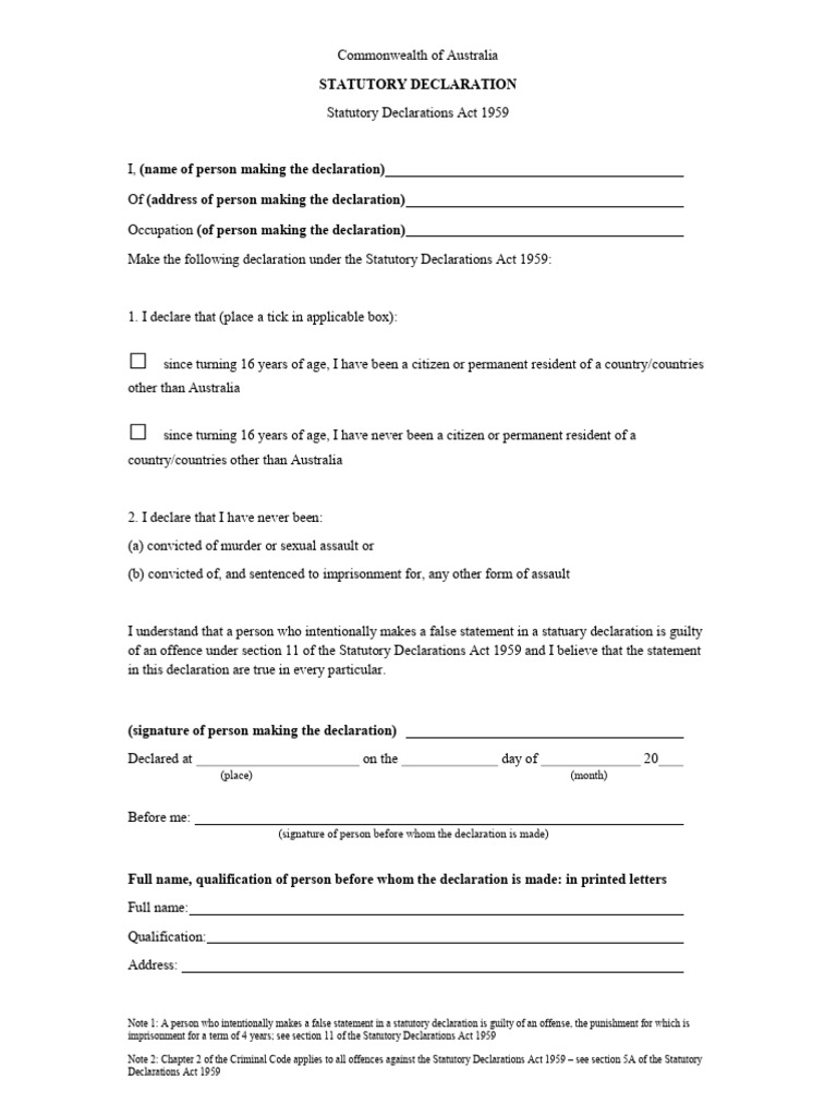 Commonwealth Statutory Declaration Form | PDF