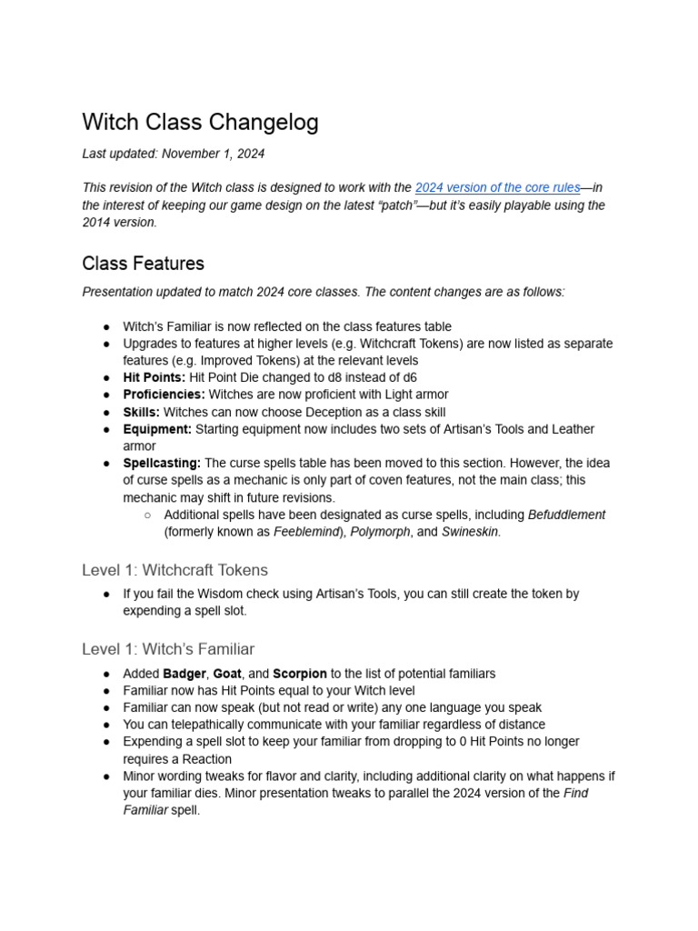Witch Class Changelog 11-1-24 | PDF | Witchcraft