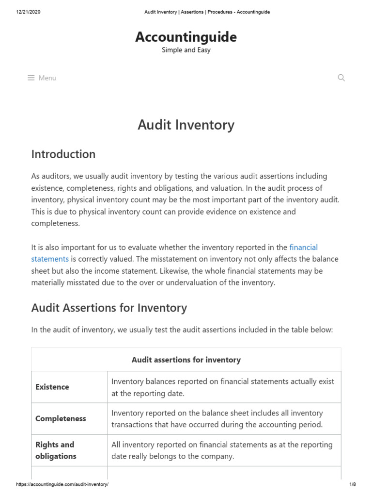 Audit Inventory - Assertions - Procedures - Accountinguide | PDF | Audit | Inventory