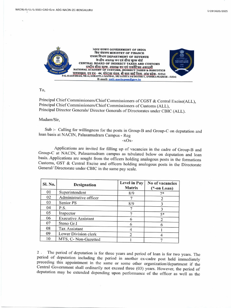 NACIN - 2025 - Deputation Circular | PDF | Taxes | Government Finances