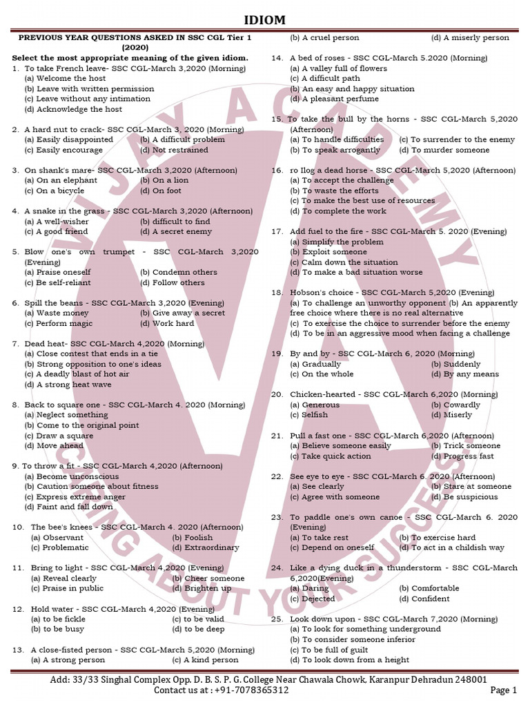Previous Year Questions Asked in SSC CGL Tier 1 (2020) Select The Most Appropriate Meaning of ...