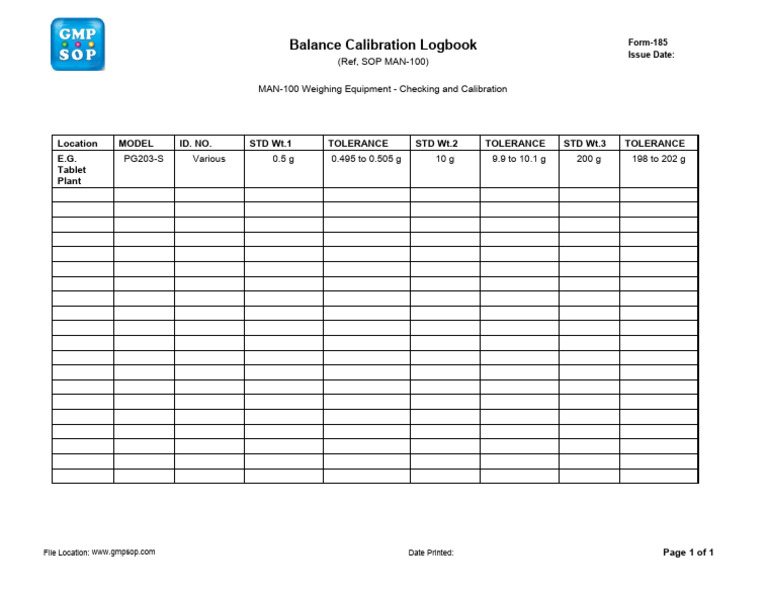 Form 185 Balance Calibration Logbook | PDF