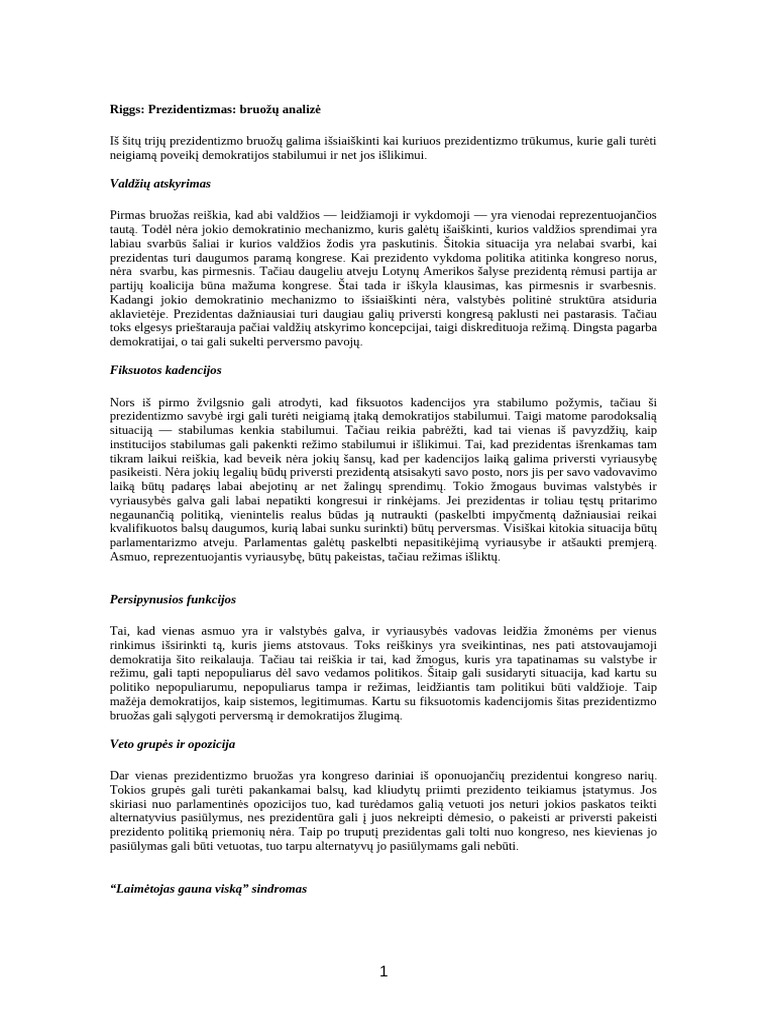 Valdžių Atskyrimas: Riggs: Prezidentizmas: Bruožų Analizė | PDF