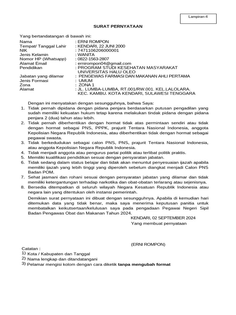 Surat Pernyataan Erni | PDF