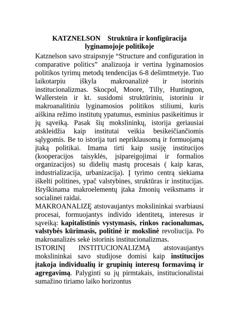 KATZNELSON Struktūra Ir Konfigūracija Lyginamojoje Politikoje | PDF