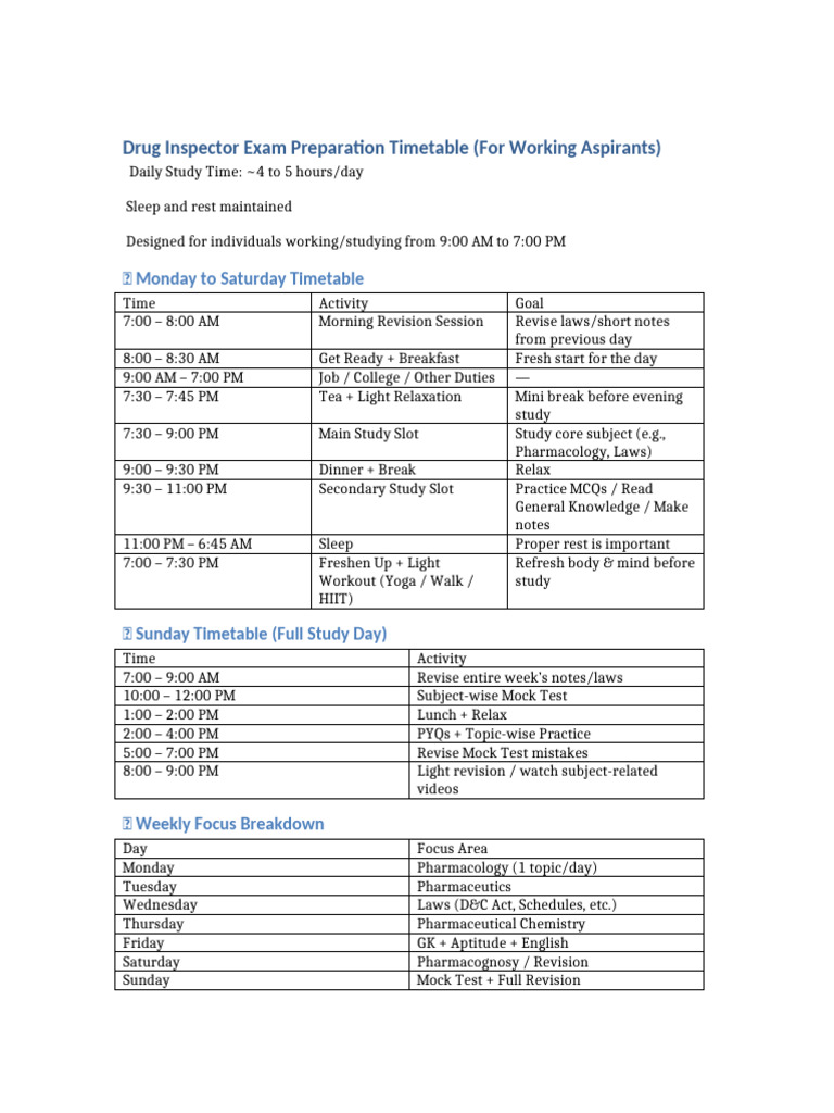 Drug Inspector Timetable With Workout | PDF