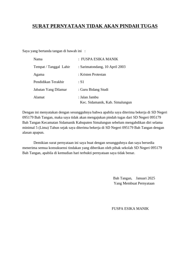 Surat Pernyataan Tidak Akan Pindah Tugas fuspa | PDF
