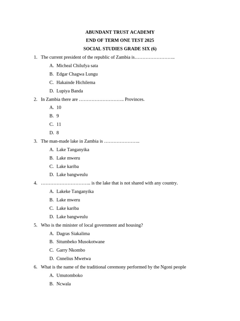 Grade 6 Social Studies Test Zambia | PDF | Zambia