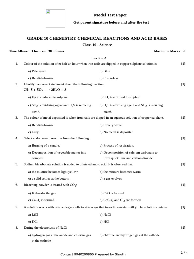 Grade 10 Chemistry Test Paper: Reactions | PDF | Redox | Sodium Carbonate