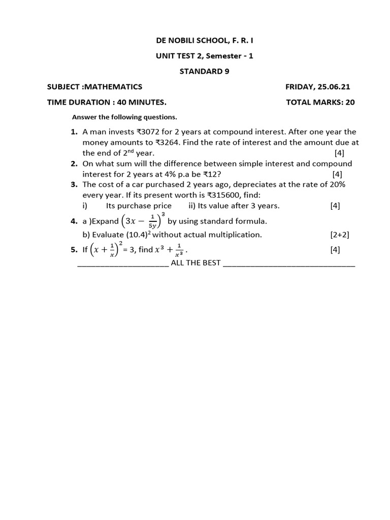 9 Maths, Sem.1, UT-2, 25.06.2021 | PDF
