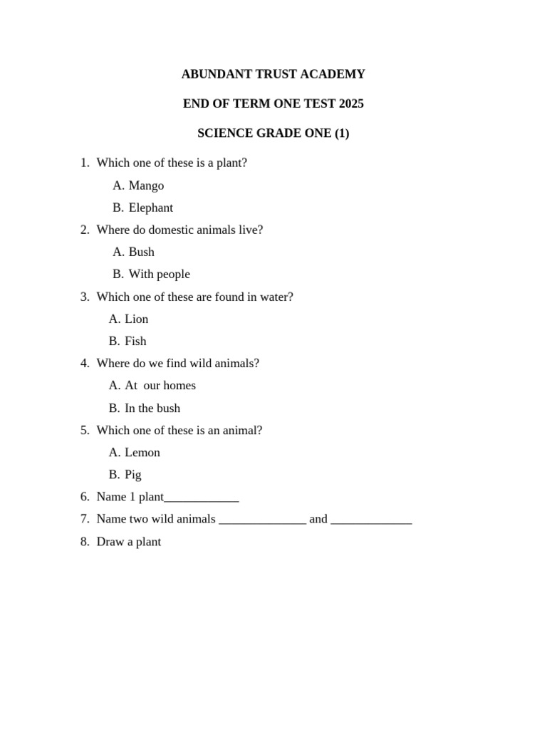 Grade 1 Science Test 2025 | PDF